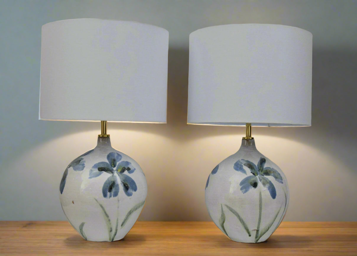 Handmade Lamp Base Stoneware Ceramic Majolica Blue Flowers MADE TO ORD ...